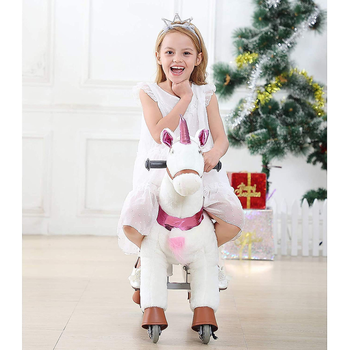 JoJoPooNy Ride on Unicorn Toys for Girls, Ride on Horse Riding Pony for Children 3-6 Years Old, Rideable Plush Walking Horse Animal with Wheels