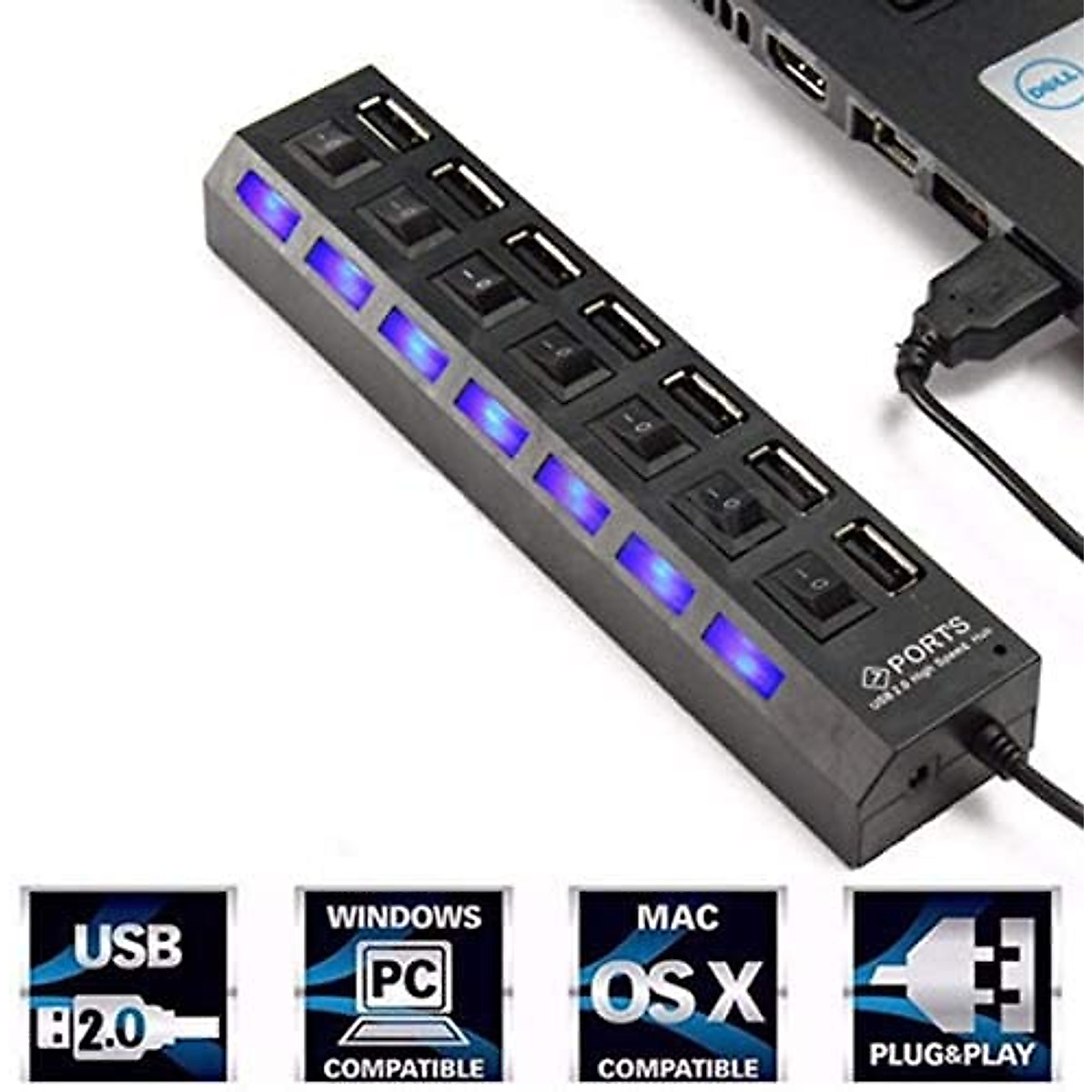 7-Port USB 2.0 Hub High Speed Power Cable with Blue LED Light Indicator ON/Off Sharing Switch Adapter for PC Laptop (Black)