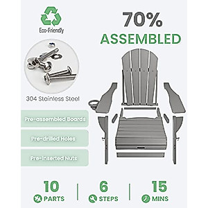 Ciokea Folding Adirondack Chair Wood Texture, Patio Adirondack Chair Weather Resistant, Plastic Fire Pit Chair with Cup Holder, Lawn Chair for Outdoor Porch Garden Backyard Deck (Grey)