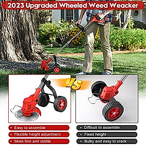 Weed Wacker Battery Powered Electric Brush Cutter 4000mAh, Battery Weed Eater Cordless Grass Trimmer, Lightweight 3 in 1 Small Push Lawn Mower Stringless Trimmer Edger Lawn Tool, 2 Batteries, 1 Wheel