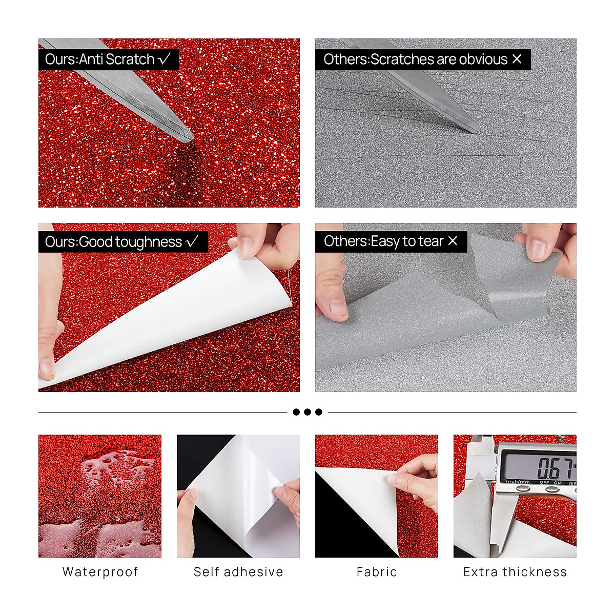 FunStick Ruby Red Glitter Wallpaper Sparkle Glitter Peel and Stick Wallpaper Red Glitter Contact Paper Self Adhesive Removable Glitter Fabric Wallpaper for Bedroom Cabinets Dresser Decor 15.8"x78.8"