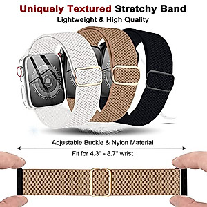 3 Pack Stretchy Nylon Band Compatible with Apple Watch Band 38mm 40mm 41mm for Women Men, Adjustable Sport Solo Loop Elastic Strap for iWatch Series 7/6/5/4/3/2/1/SE, Black/White/Brown