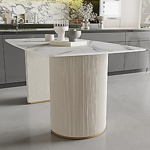 LovingAHome Modern Rectangle Marble Dining Table for 8,79" White Marble Sintered Stone Dining Table with Semi-Circular Pedestal,Faux Marble Kitchen Dinner Table Wrapped in PU Leather (Table Only)