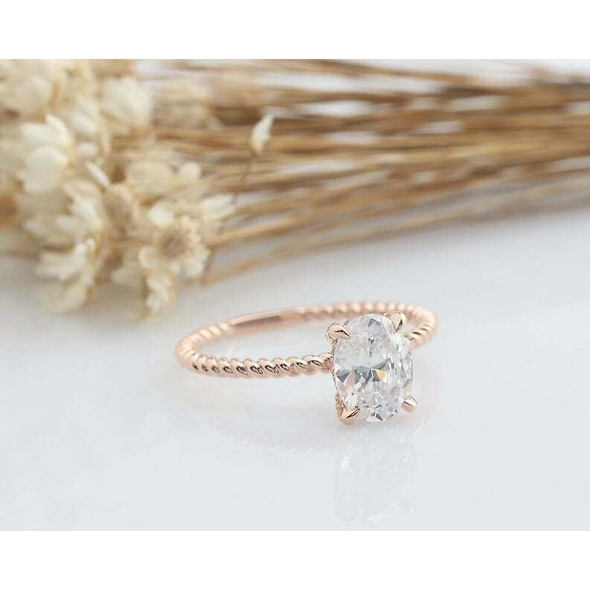 BeBold 1.5ct Oval Cut Simulated Diamond CZ Engagement Ring for Women Twist Rope Style Rose Gold Plated