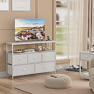 Furologee White TV Stand for Bedroom with Outlet for 55" TV, Long 45" Console Sofa Table with 5 Drawers, Entryway Table with Storage Shelves, Tall Entertainment Center for Living Room, Hallway