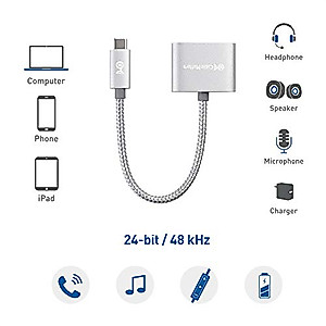 Cable Matters Premium Braided USB C Audio Adapter Sound Card with 3.5mm Headphone Mic Combo Jack and 60W Charging for Laptop and Smartphone
