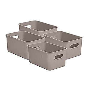 Superio Decorative Plastic Open Home Storage Bins Organizer Baskets, Medium Taupe (4 Pack) Container Boxes for Organizing Closet Shelves Drawer Shelf - Ribbed Collection 5 Liter