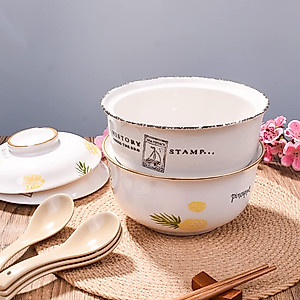 Swlthwen Ceramic Ramen Bowl with Lid Soup Bowls with Lid for Soup and Noodles Microwave Ceramic Soup Bowl Instant Noodle Bowl Cereal Bowl with Lid (YF)