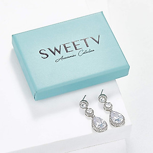 SWEETV Crystal Teardrop Wedding Bridal Earrings For Brides, Bridesmaids, Rhinestone Drop Dangle Earrings for Women, Silver Bridal Prom Party Jewelry