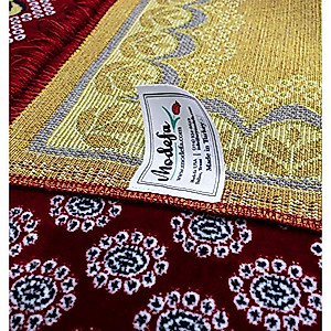 Modefa Prayer Rug Free Prayer Cap & Beads - Thin Velvet Namaz Sajadah Janamaz Floral Daisy Arch (Red)