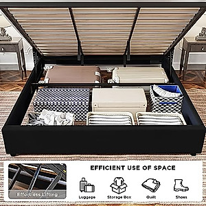PaPaJet Lift Up Storage Bed Queen Size Upholstered Platform Bed Frame Button Tufted Wingback Headboard Hydraulic Lifting Storage Underneath/Wood Slats Support/Easy Assembly/Black