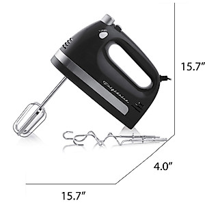 FRIGIDAIRE EHMX100-BLACK Hand Mixer Whisk with Chrome Beater, Dough Hook, 5 Speed and Turbo Button 250 w, 250w, Black