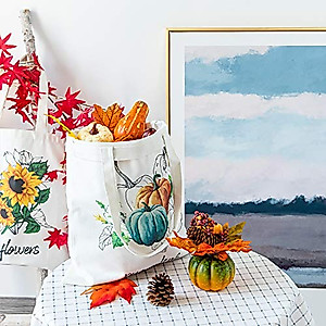 Whaline 2 Pack Fall Canvas Tote Bags Sunflower Tote Bag Pumpkins Canvas Bag Reusable Cotton Handbag Grocery Bags for Shopping Market Travel Beach Autumn Theme Harvest Party Favors, 15.7" x 13.4"