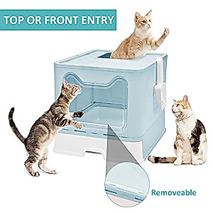 Panghuhu88 Foldable Cat Litter Box with Lid, Large Top Entry Cat Toilet, Enclosed Cat Potty Include Cat Litter Scoop, Drawer Type Easy Clean Cat Litter Pan (Blue, 20" L x 16" W x 15" H)