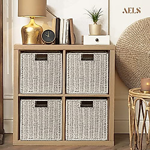 AELS Woven Baskets for Storage, Natural Hand-woven Storage Baskets for Organizing, Cubby Cubes Storage Bins for Shelves, 11" Modern Farmhouse Square Storage Cubes with Handles, Light Gray, 4 Pack