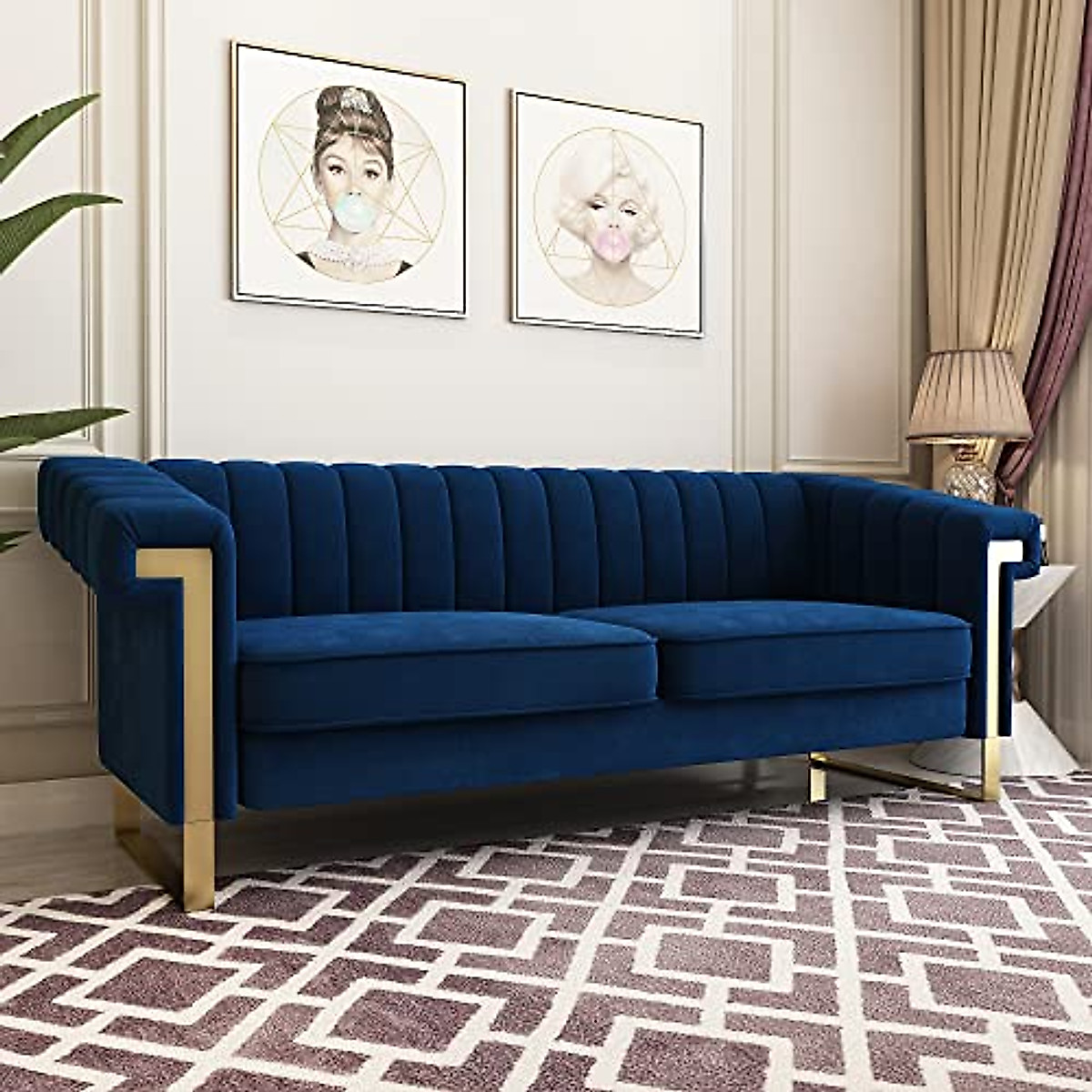 FHDLDS 84 Inch Chesterfield Sofa Mid-Century Modern Velvet Sofa with Flared Arms and Removable Cushions, Upholstered Couch with Stainless Steel Base, Loveseat for Living Room Bedroom Apartment, Blue