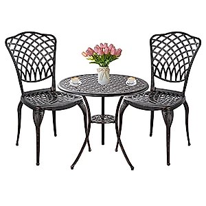 Withniture Patio Bistro Set 3 Piece Outdoor Cast Aluminum Bistro Set,Aluminum Table and Chairs Set with Umbrella Hole,All Weather Outdoor Bistro Set for Front Proch Set Garden Bistro Sets (Bronze)