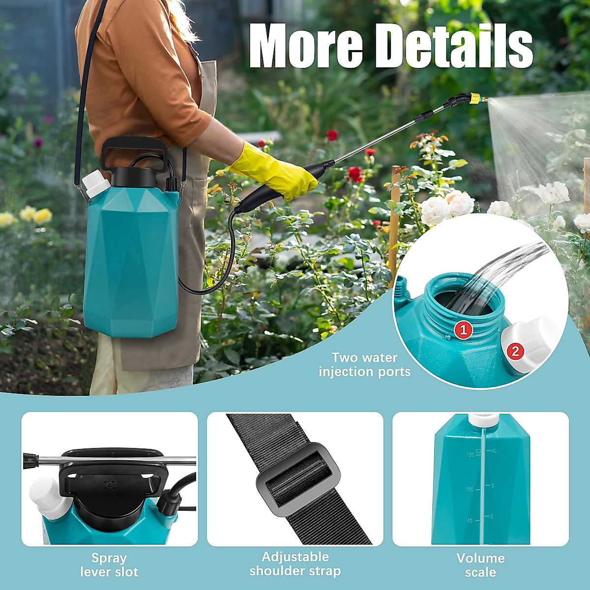 Battery Powered Garden Sprayer, Electric Pump Sprayer 1 Gallon with 3 Nozzles, USB Rechargeable Handle, Telescopic Wand, Portable Water Sprayer with Adjustable Shoulder Strap for Lawn and Garden