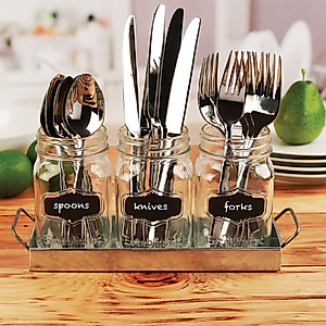 Circleware Yorkshire Chalkboard Mason Jar Glasses with Metal Holder Stand Set of 4, Home & Kitchen Farmhouse Décor Drink Tumblers for Water, Beer and Beverages, 17 oz, Galvanized