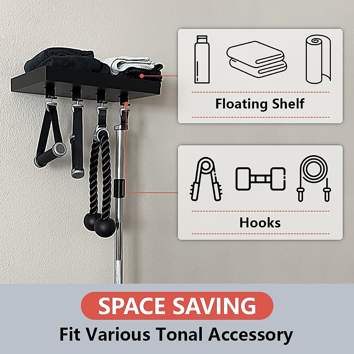Butizone Tonal Accessory Shelf, Black Wood Tonal Accessory Floating Shelf, Home Gym Accessories Storage Rack with 5-pcs T-Lock Clips Hooks