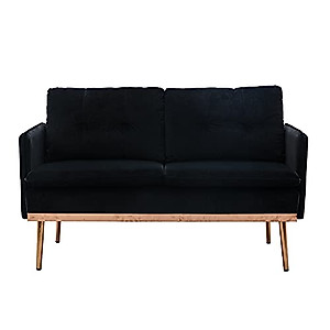 Goujxcy Velvet Couch, Loveseat Sofa, Accent Sofa Recliner, Golden Metal Legs, Mid Century Modern Sofas for Home Living Room Bedroom (Black2)