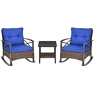 Outsunny 3 Piece Rocking Bistro Set, Outdoor Wicker Patio Furniture, 2 Porch Rocker Chairs with Glass Coffee Table, Tufted Cushions, Patio Conversation Set, Dark Blue