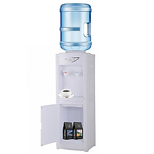 Water Cooler Dispenser 5 Gallon, Cold & Hot Water Cooler Dispenser Top-Loading Water Cooler 5 Gallon Children Safety Water Dispenser with Removable Drip Tray & Storage Cabinet for Home Office (White)