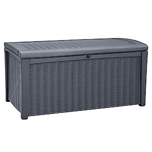 Keter Borneo 110 Gallon All Weather Weatherproof Rattan Wicker Resin Outdoor Patio Porch Garden Deck Organization Storage Box Bench, Grey (2 Pack)