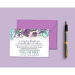 Enchanting Seashells Baby Thank You Cards, 15 Pack Cute Baby Shower Notes with Envelopes Set, Prefilled Message, Customizable and Personalize Blank Stationery Lilac Notecards Mermaid, New Parents Gift Ideas