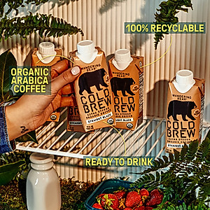 Wandering Bear Straight Black Organic Cold Brew Coffee On-the-Go, Iced Coffee, 11 fl oz, 12 pack - Extra Strong, Smooth, Unsweetened, Shelf-Stable, Ready to Drink