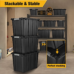 BROVIEW V12 11Gal Heavy Duty Plastic Storage Bins with Latching Lids, Stackable Tough Tote Storage Box Containers with Lock Hole & Handle for Garage Workshop Metal Rack (Black Base/Blue Lid, 4Pack)