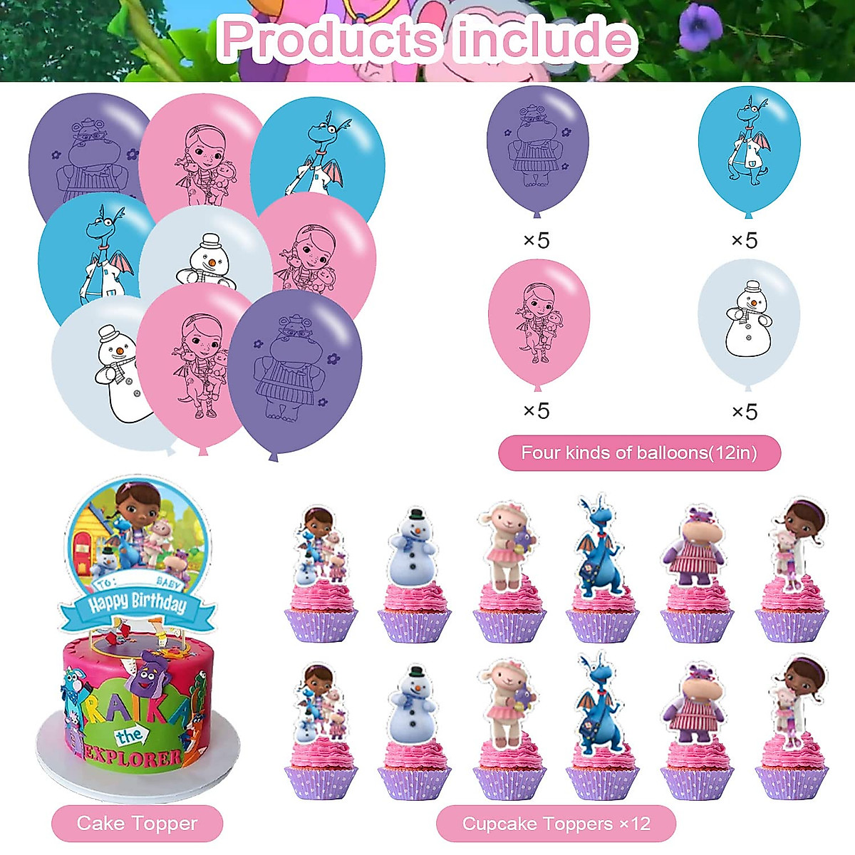 Doc McStuffins Party Decorations,Birthday Party Supplies For Doc McStuffins Party Supplies Includes Banner - Cake Topper - 12 Cupcake Toppers - 20 Balloons - 3 Doc Girl Honeycomb Centerpieces