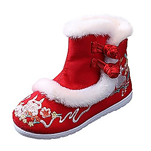 Toddler Gilrs Cloth Shoes Rubber Sole Warm Winter Snow Boots Embroidery Print Cotton Boots Speak Boots (Red, 4-4.5 Years Little Child)