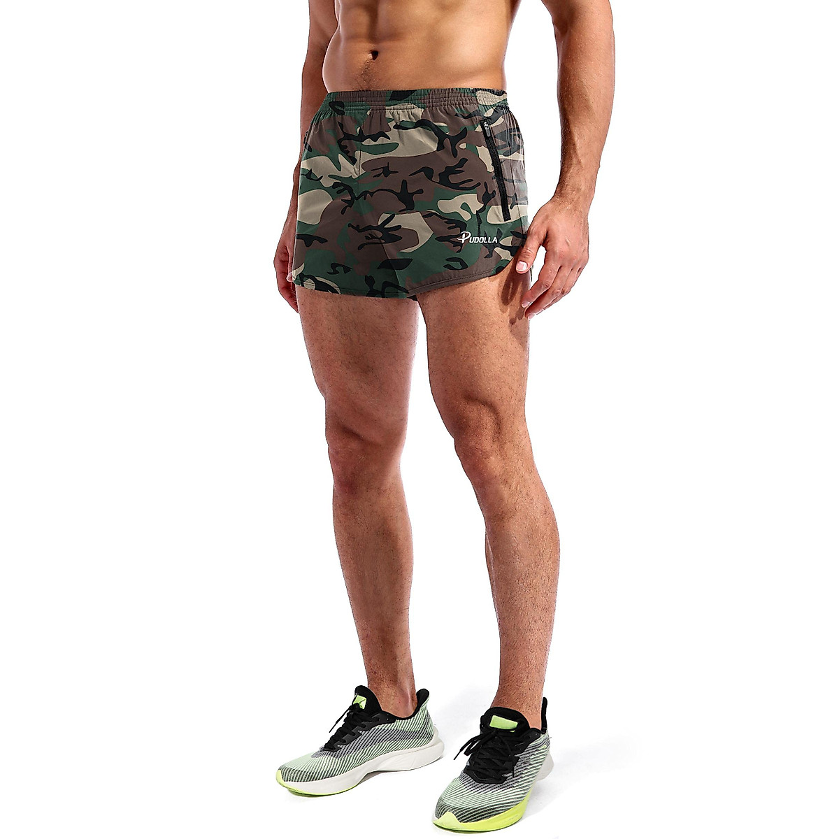 Pudolla Men’s Running Shorts 3 Inch Quick Dry Gym Athletic Workout Shorts for Men with Zipper Pockets(Camo Green Medium)