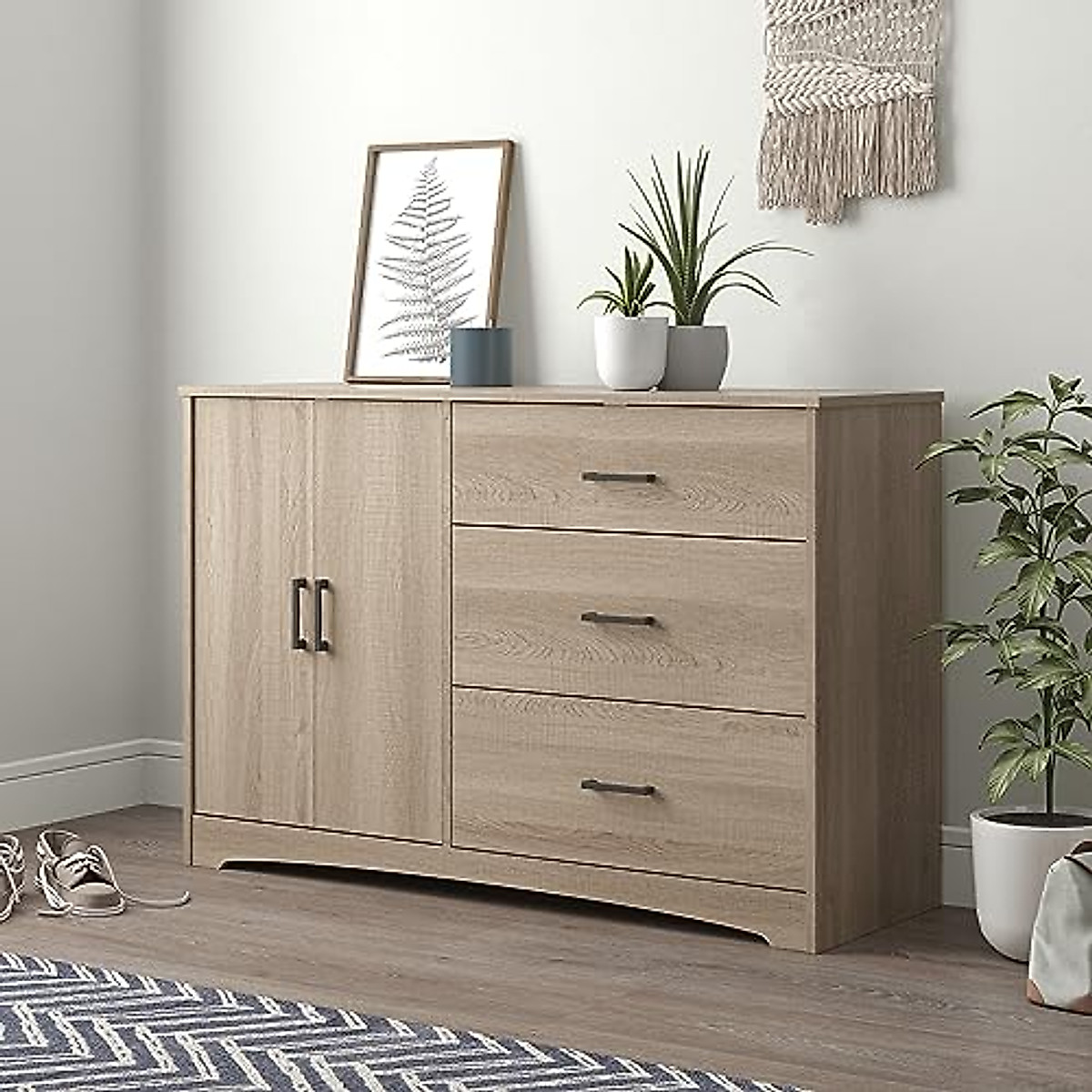 Sauder Beginnings 3-Drawer Dresser Finish Summer Oak, L: 45.0" x W: 15.75" x H: 29.92", Brown Beige Gray Black