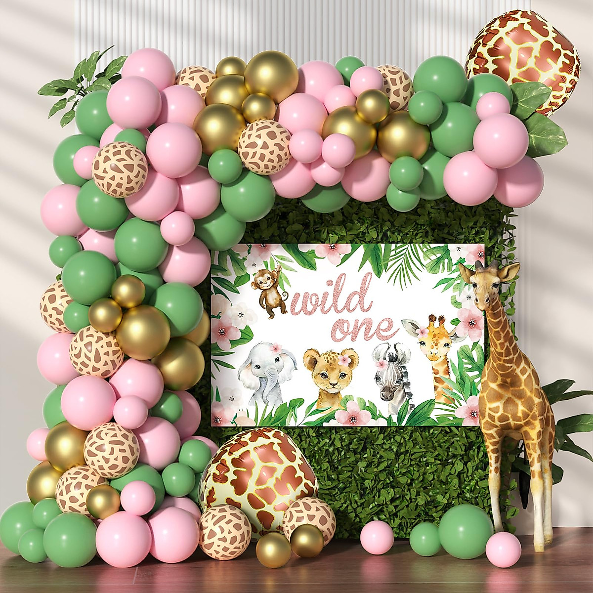 Pink Wild One Balloon Arch with Backdrop 59x40 Inch for Wild One Birthday Decoration, Safari Jungle Balloons Garland Arch Kit Giraffe Pink Sage Green Balloons of First 1st Birthday Decorations Girl