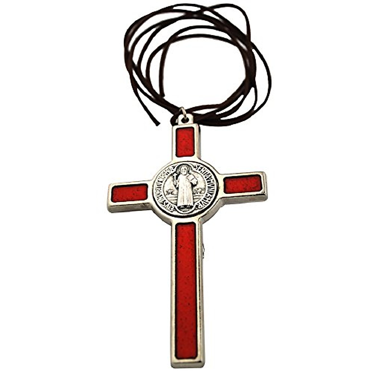 St. Benedict Crucifix with Round St. Benedict Medal Inlay | 3" Silver-Tone and Red Enamel Cross with Cord and Booklet | Patron Saint of Students and Europe | Made in Italy