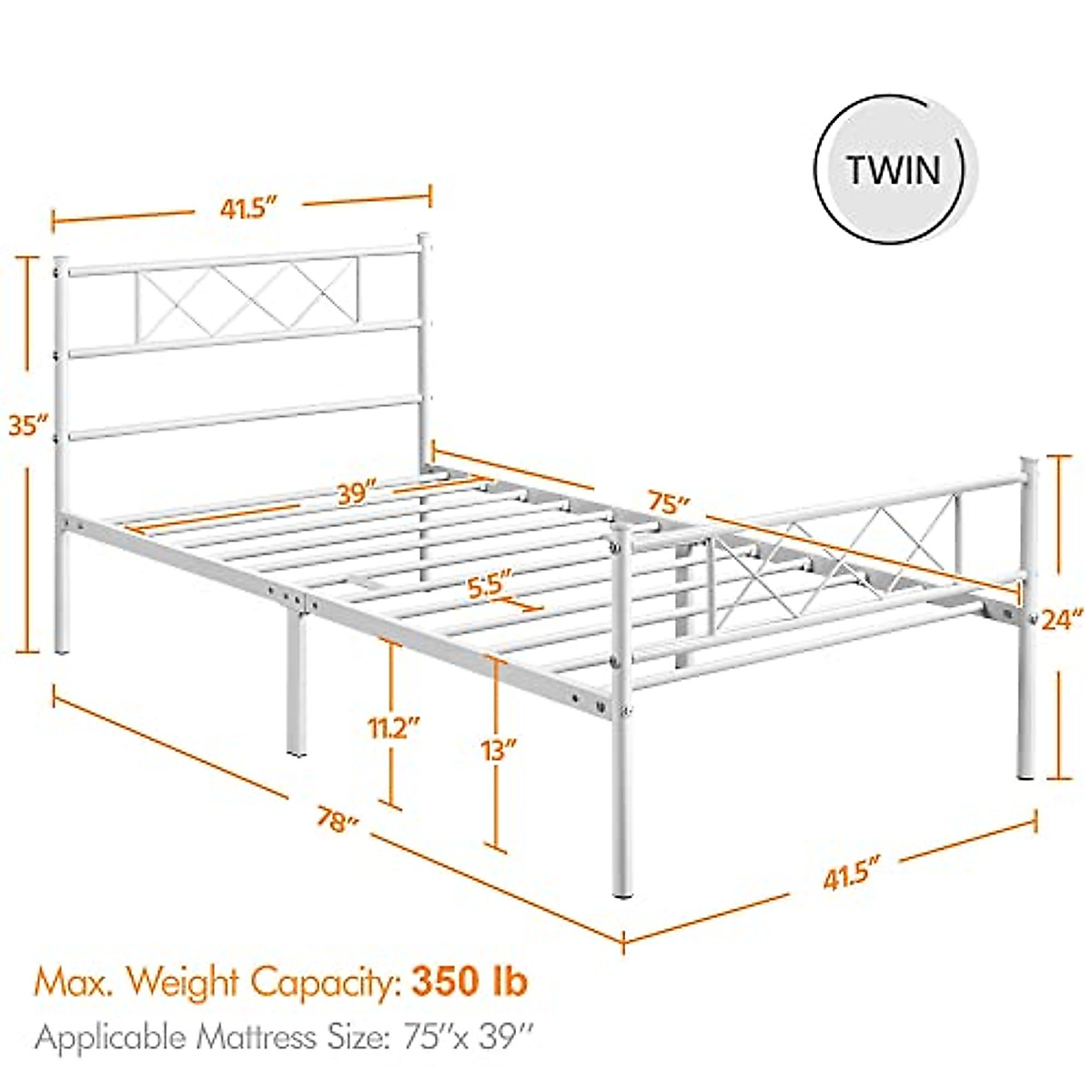 Yaheetech Metal Bed Frame Platform with Headboard and Footboard Mattress Foundation No Box Spring Needed Under Bed Storage Strong Slat Support Twin Size White