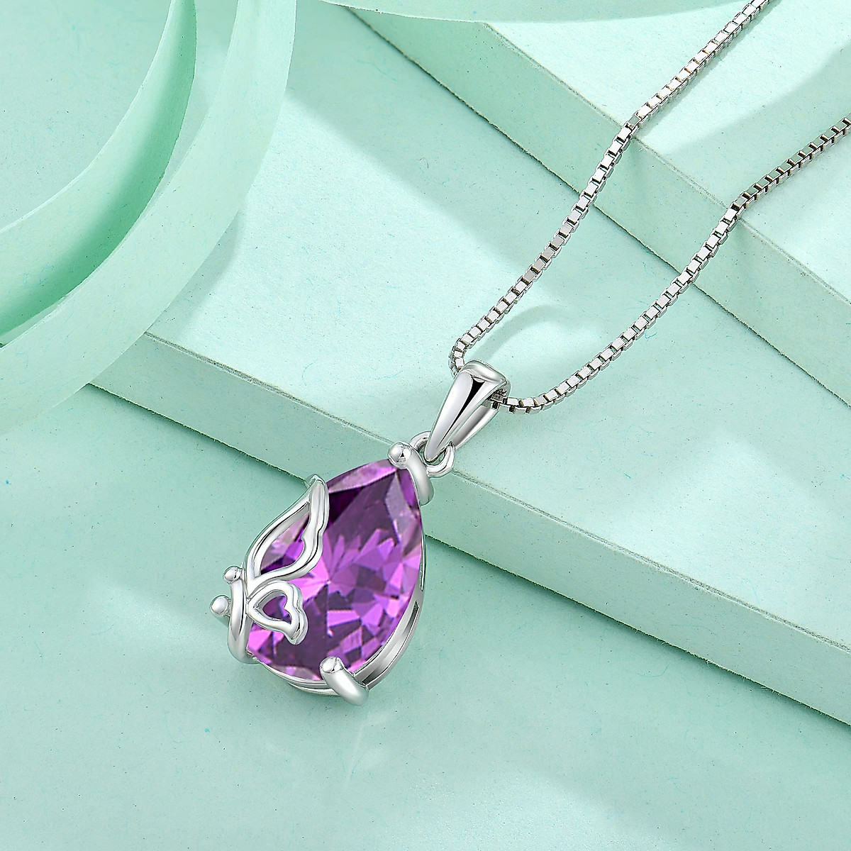 Blaniy February Birthstone Necklace for Women 925 Sterling Silver Amethyst Necklace Butterfly Pendant Birthday Mothers Day Anniversary Christmas Teardrop Butterflies Jewelry Gifts for Her