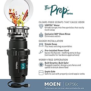 Moen GXP50C Prep Series PRO 1/2 HP Continuous Feed Garbage Disposal, Power Cord Included