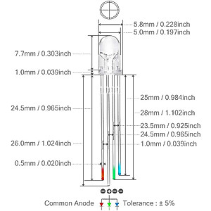DAOKI 100Pack 5mm LED Light Emitting Diode Common Anode 4Pin RGB Tri-Color(Red/Green/Blue) Clear Transparent Round LED Lamps Buld for Arduino, PCB