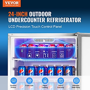VEVOR 24 inch Indoor/Outdoor Beverage Refrigerator, 185QT Undercounter or Freestanding Beverage Fridge, 175 Cans Built-in Beer Fridge with Stainless Steel Body for Residential Home Bar Commercial Use
