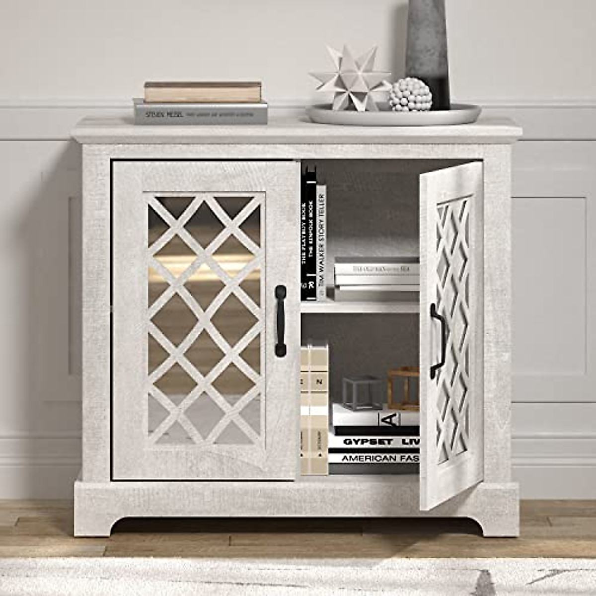 Galano Millicent 2 Door Sideboard, Buffets & Sideboards, Storage Cabinet, Credenza for Living Room, Buffet Cabinet with Storage, Acrylic Mirror, Black with Knotty Grey Oak