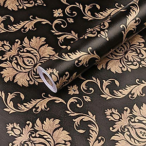 HOYOYO 17.8 x 118 Inches Self-Adhesive Shelf Liner, Self-Adhesive Shelf Liner Dresser Drawer Paper Wall Sticket Home Decoration, Black Gold Damask