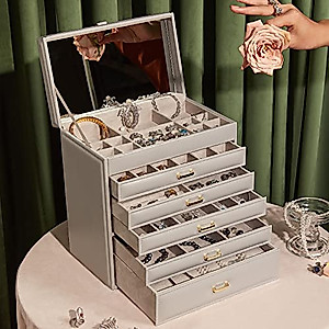 Vlando 6 Tier Large Jewelry Box for Women - Huge Jewelry Organizer Box with Mirror, Large Jewelry Storage Organizer for Necklace Ring Bracelet and Watch, Gift for Loved Ones - White