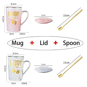 LOZACHE Mom Dad Est. 2022 Coffee Mugs With Lid Spoon, New Parents Gifts for Mother Father Birthday Christmas Day, Couple Set Gifts for Mommy Daddy First Time (Pink & Grey 2022)