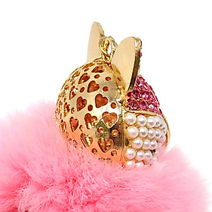 Honbay Faux Rabbit Fur Fluffy Keychain Fashion Fox Head Alloy Keychain Sparkly Rhinestone Handbag Backpack Car Keychain (Pink)