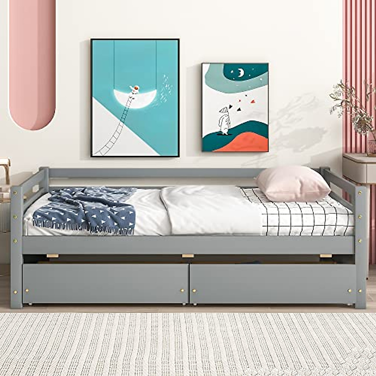 HYC Twin Daybed Frame with 2 Storage Drawers on Casters,Space Saving Furniture Wooden Day Bed Sofa Bed with Slats for Strong Support for Living Room Bedroom Gray,79.5" L x 41.8" W x 26.0" H