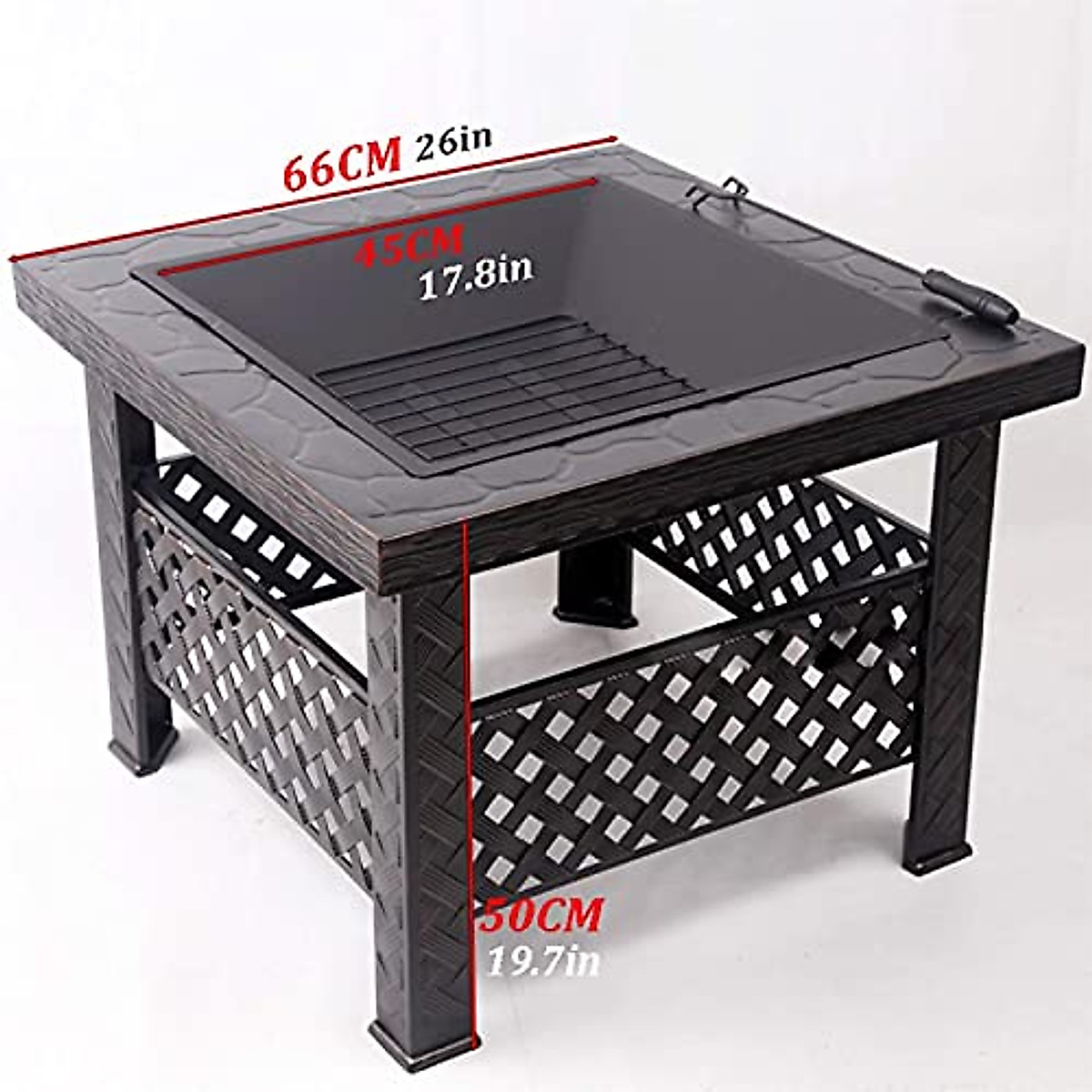 LEAYAN Garden Fire Pit Grill Bowl Grill Barbecue Rack Fire Pits Outdoor Garden Terrace Burning Fire Pit Bowl Square Barbecue Table, Terrace Patio Backyard Barbecue Party Outdoor Fireplacem, 66cm
