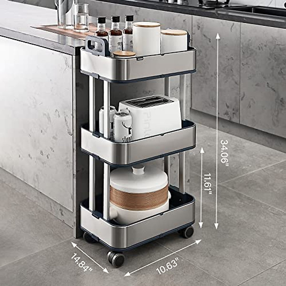 ELPHECO Storage Rolling Cart 3 Tier Mobile Shelving Unit Slide Out Storage Shelves for Kitchen Bathroom Laundry Narrow Places